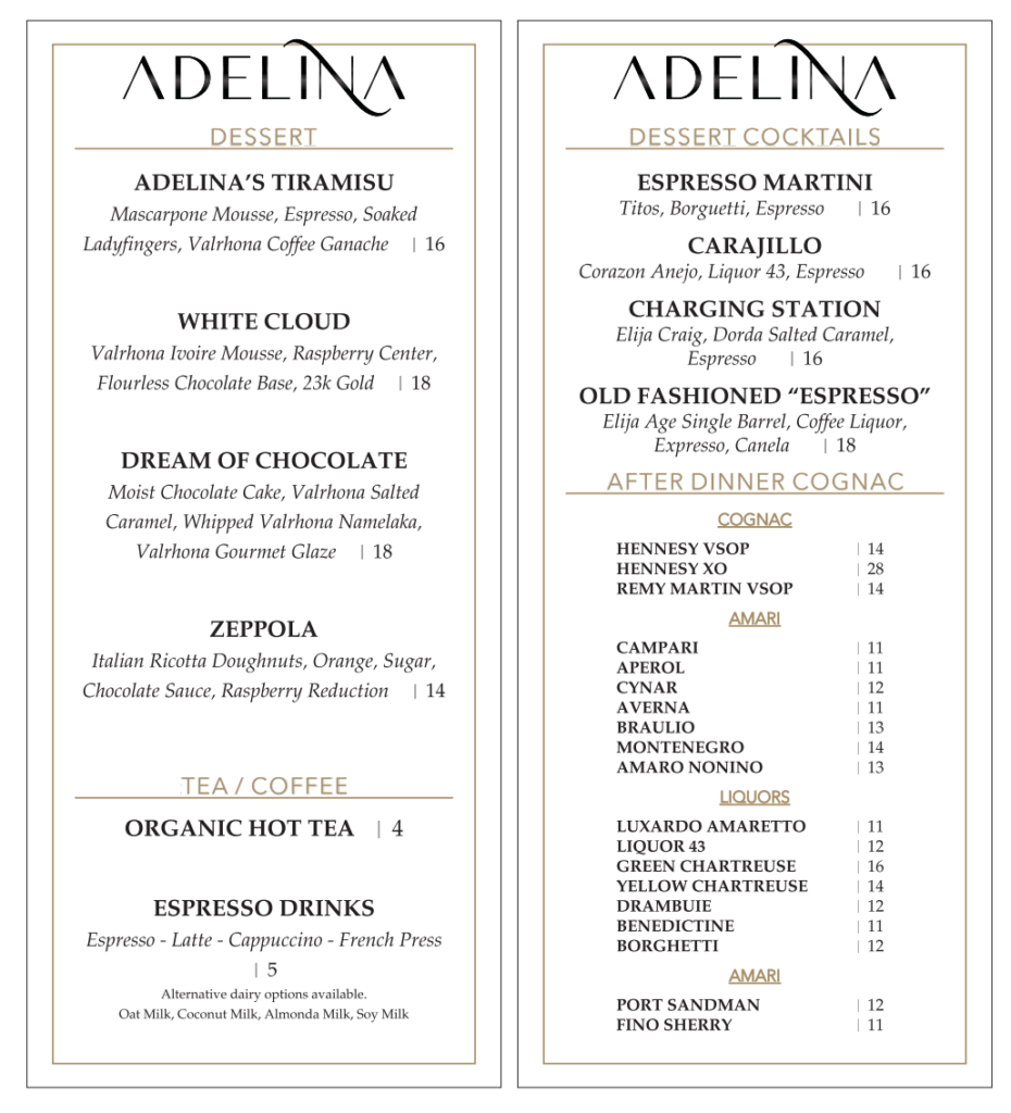 Menu - Adelina in Detroit