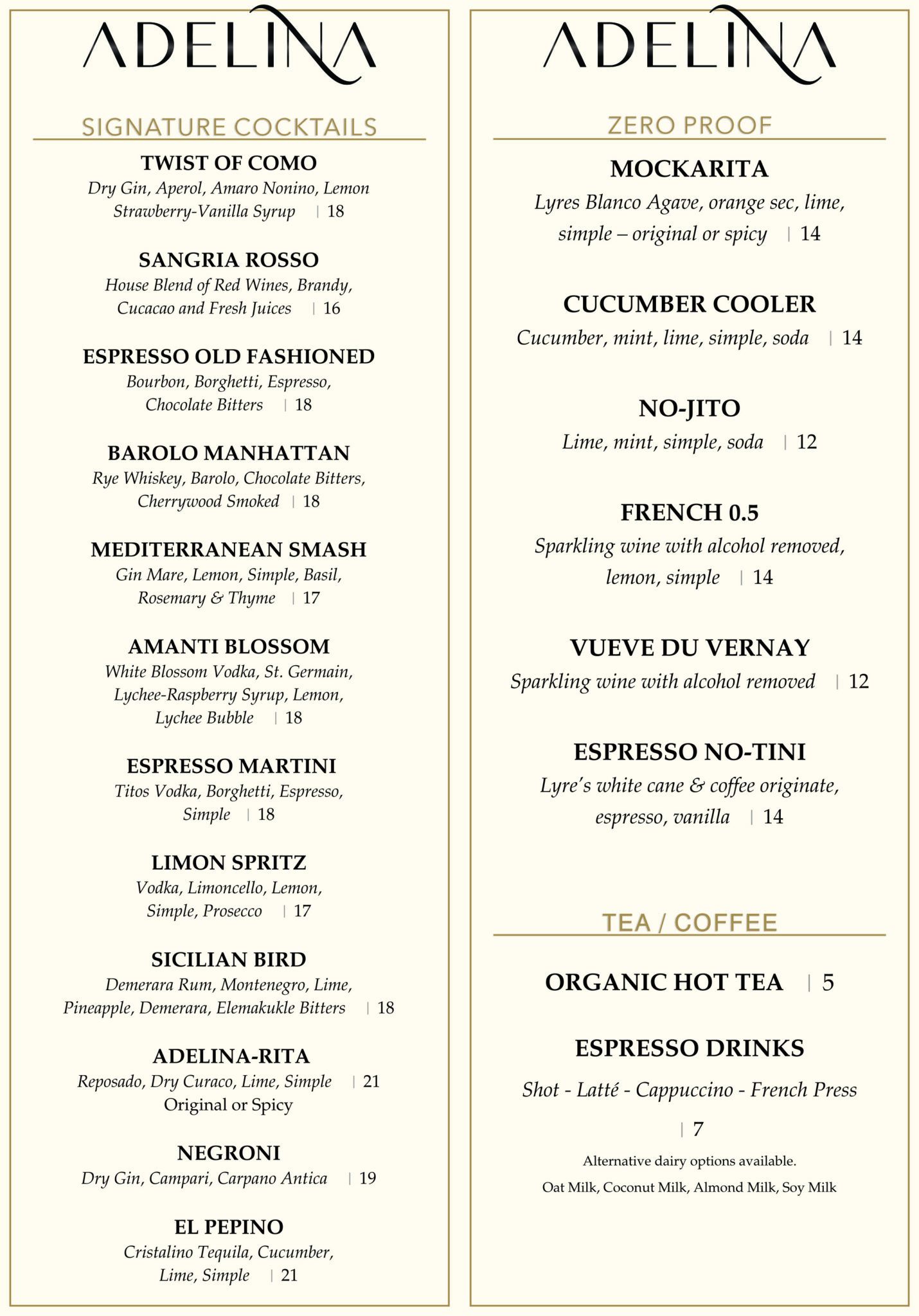 Menu - Adelina in Detroit