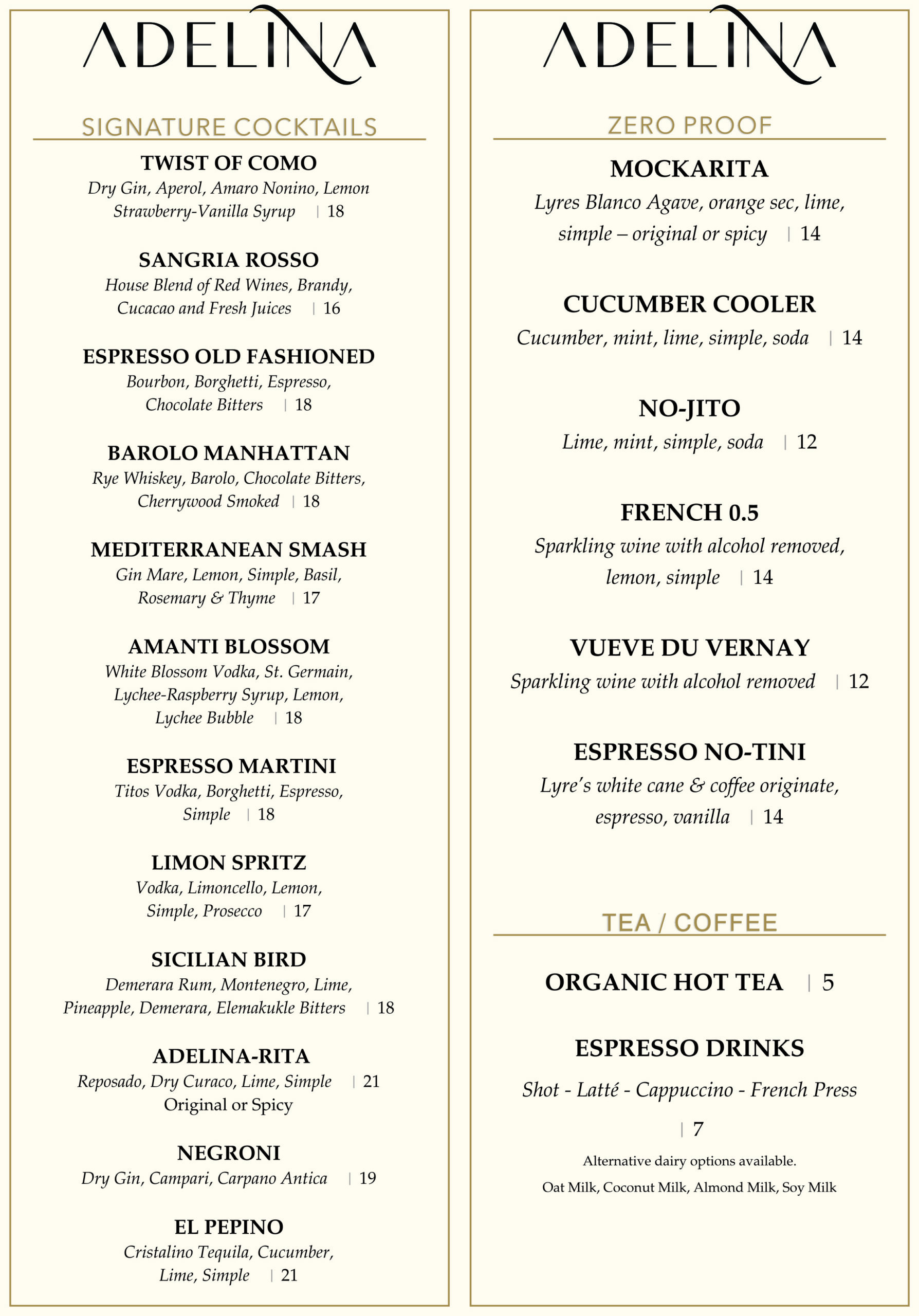 Menu - Adelina in Detroit